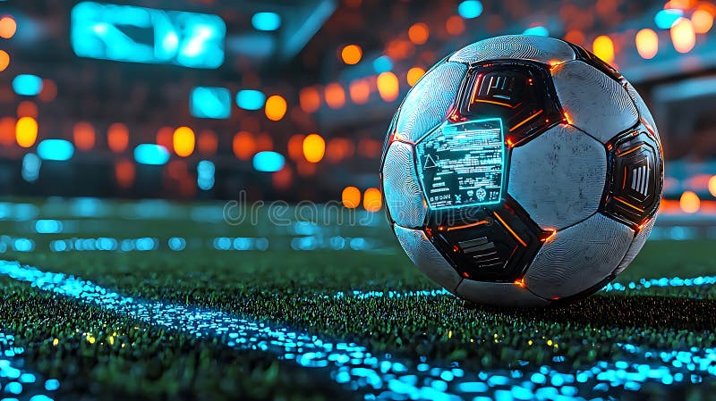 Futuristic Soccer Ball with Holographic Projection on Field Stock ...