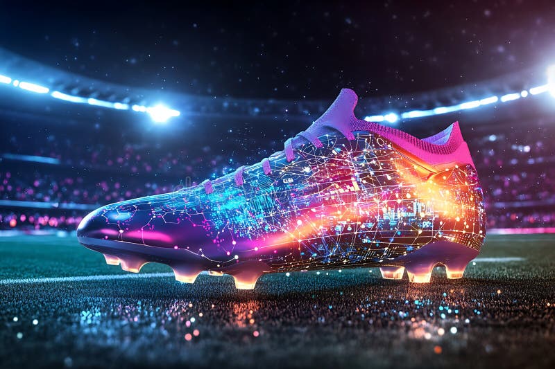 Futuristic Soccer Cleat on Stadium Field Neon Glowing Tech Design Stock ...