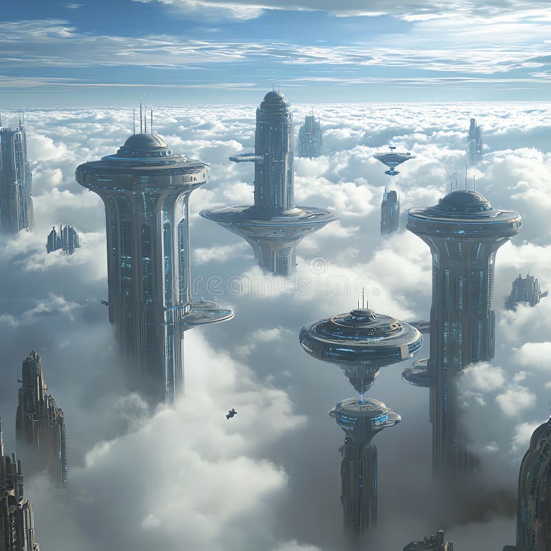 A Futuristic Society Where Floating Cities Hover Above the Clouds, with ...