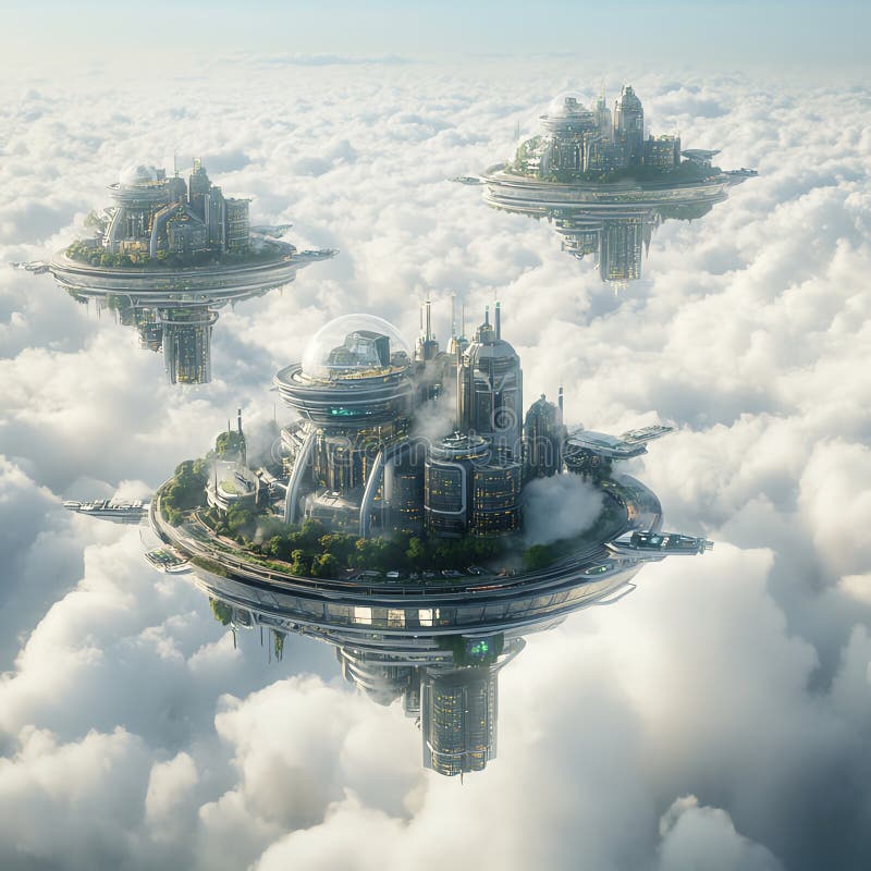 A Futuristic Society Where Floating Cities Hover Above the Clouds, with ...