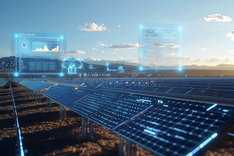 Futuristic Solar Farm with Digital Interfaces Displaying Data and ...