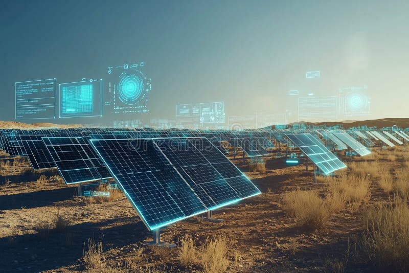 Futuristic Solar Farm with Digital Overlays Showcasing Data and Analytics. Landscape Features ...