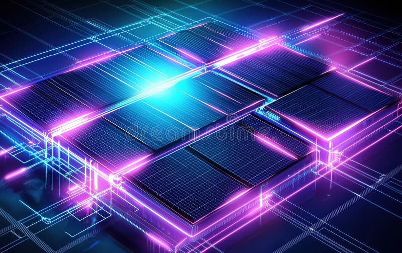 Futuristic Solar Panel Array Illuminated with Vibrant Neon Lights ...