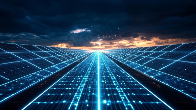 Futuristic Solar Panel Field Under Dramatic Sky with Light Effects ...
