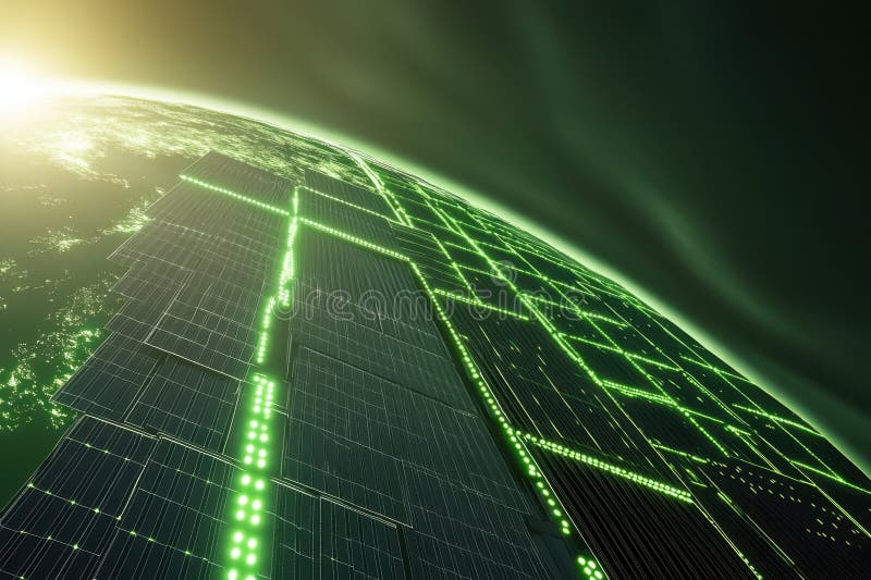 Futuristic Solar Panels on Curved Earth with Green Digital Matrix ...