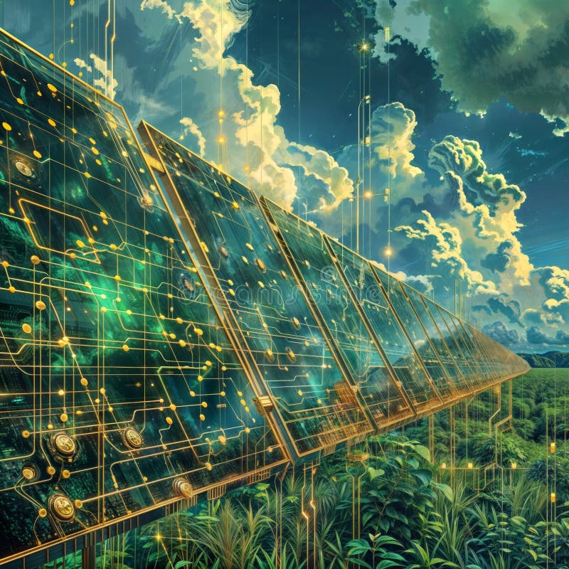 Glowing Solar Circuits: Dramatic Sky and Vibrant Patterns in Futuristic ...