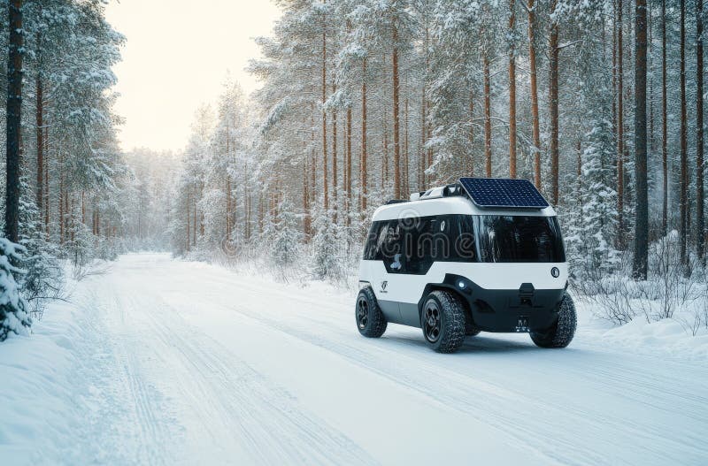 Futuristic Solar-powered Autonomous Vehicle in Snowy Forest Landscape ...