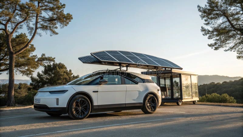 Futuristic Solar-Powered Car Parked on Roadside Featuring Integrated ...