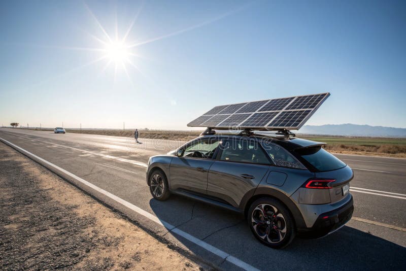 Futuristic Solar-Powered Car Parked on Roadside Featuring Integrated ...