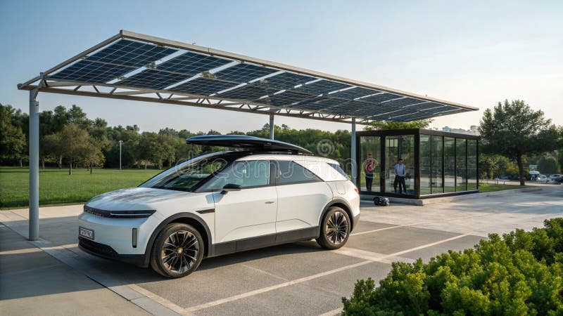 Futuristic Solar-Powered Car Parked on Roadside Featuring Integrated ...
