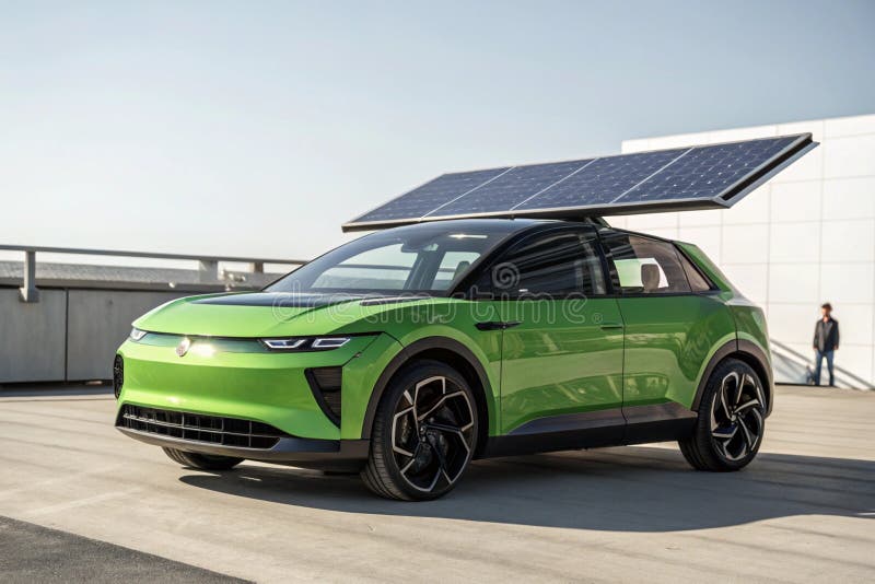 Futuristic Solar-Powered Car Parked on Roadside Featuring Integrated ...