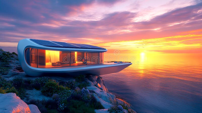 Futuristic Solar-powered Eco-house Overlooking Ocean at Sunset Stock ...