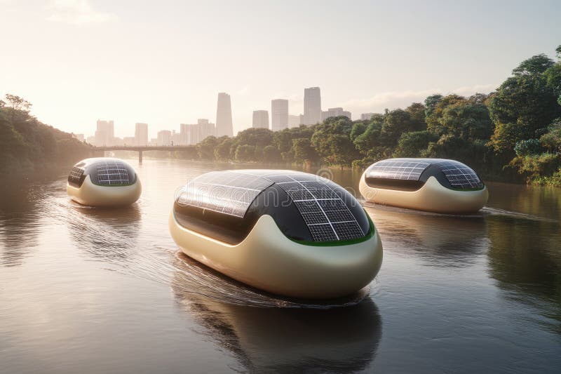 Futuristic Solar-powered Floating Pods on Urban River at Sunrise Stock ...