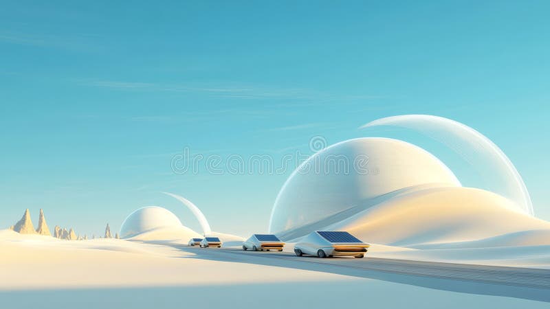 Futuristic Solar Powered Vehicles Driving on a Road through a Desert ...