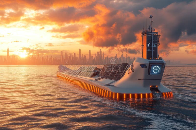 Futuristic Solar-Powered Vessel Navigating a Cityscape at Sunset Stock ...