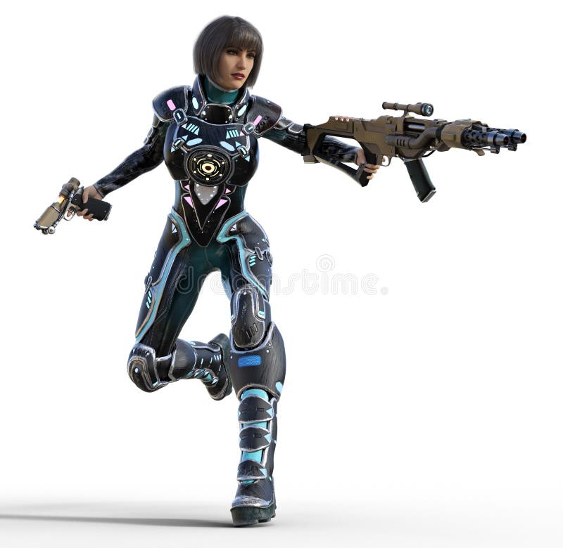 Futuristic Soldier in Action, Armed with Gun and Rifle, 3d Rendering ...