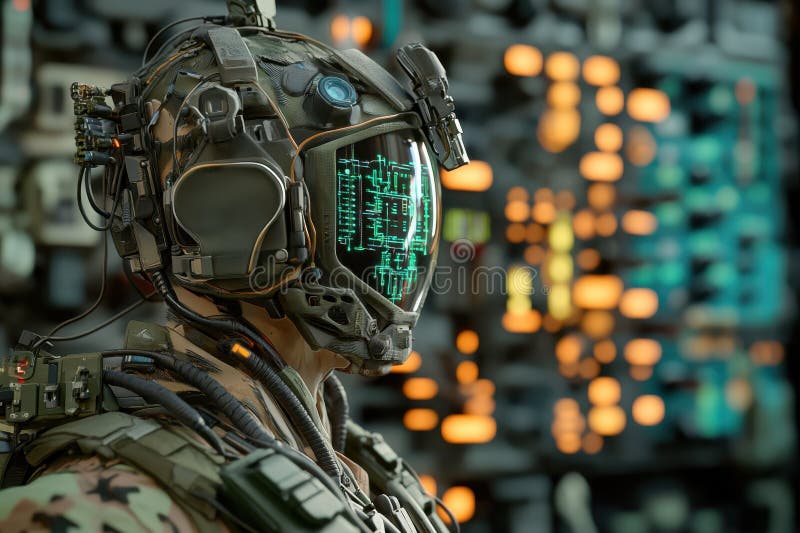 Futuristic Soldier in Advanced Helmet Observes High-tech Control Panel ...