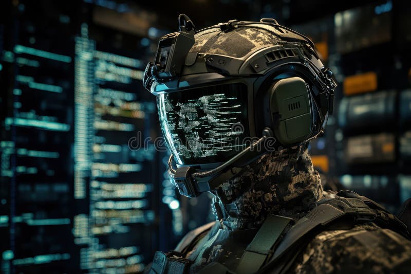 Futuristic Soldier with Advanced Tech Stands before Screens in a ...