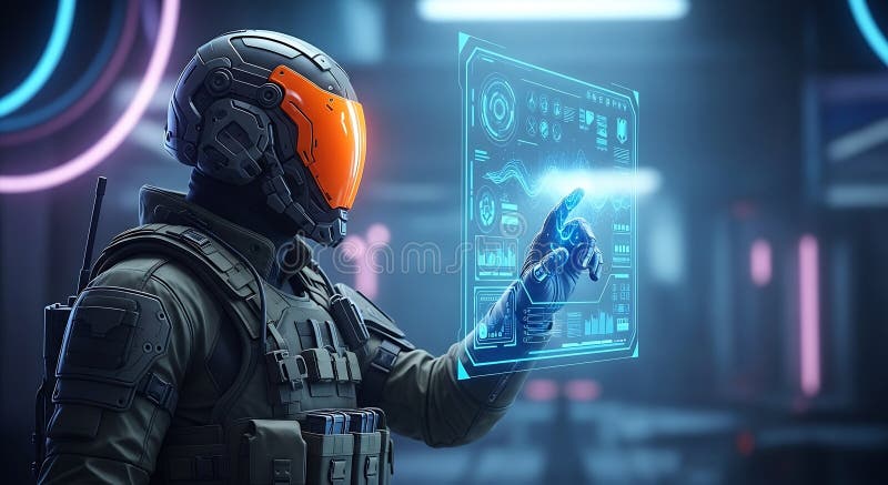 Futuristic Soldier Analyzing Holographic Data Display, Cyberpunk ...