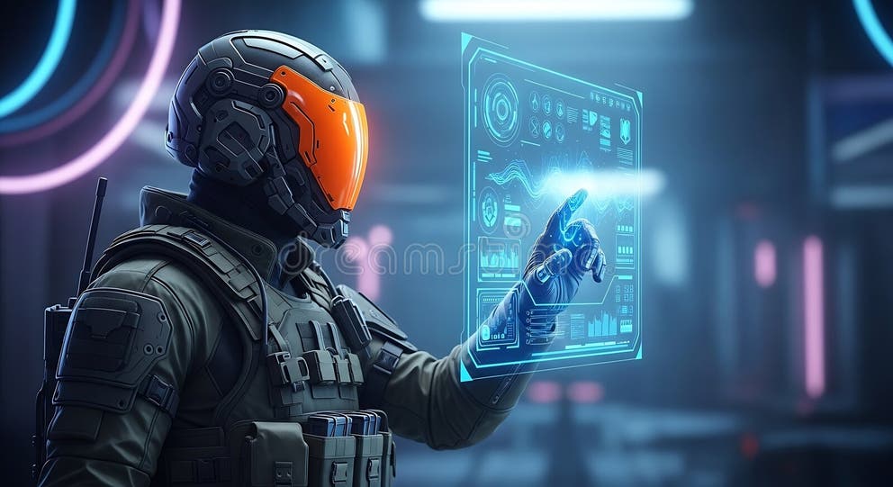 Futuristic Soldier Analyzing Holographic Data Display, Cyberpunk ...