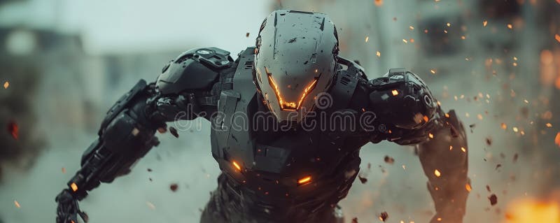 Futuristic Soldier Clad in Exoskeleton Armor Advances through a War ...