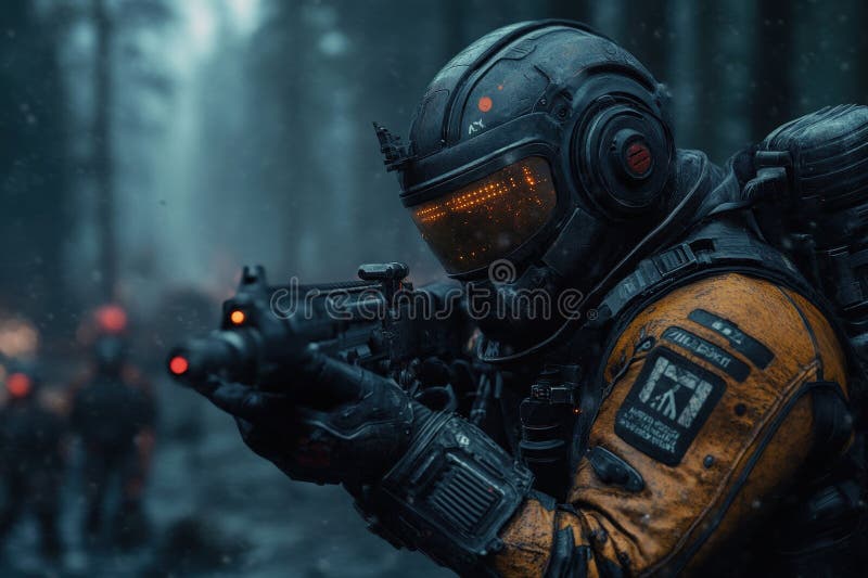 Futuristic Soldier in Combat Gear Navigating a Dark Forest Environment ...