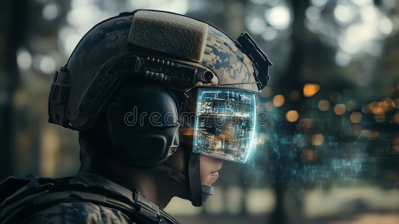 Futuristic Soldier with Digital Helmet Hud Display in Forest ...