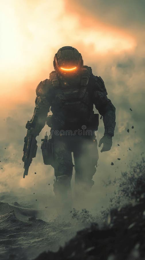 Futuristic Soldier Emerging from an Explosive Battlefield Stock Photo ...