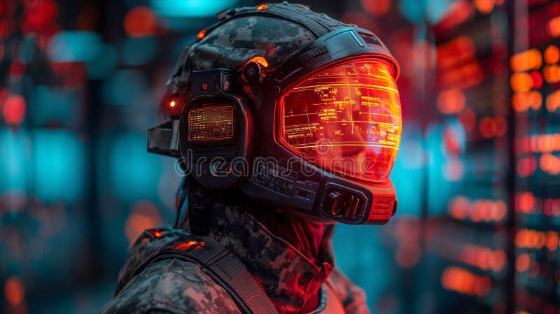 Futuristic Soldier in High-tech Helmet with Glowing Visor in a Sci-fi ...
