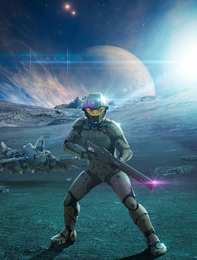 Futuristic Soldier with a Laser Rifle Standing on an Alien Planet Ready ...