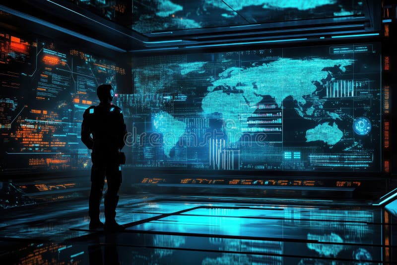 Futuristic Soldier Observing Digital World Map and Data Interface Stock ...