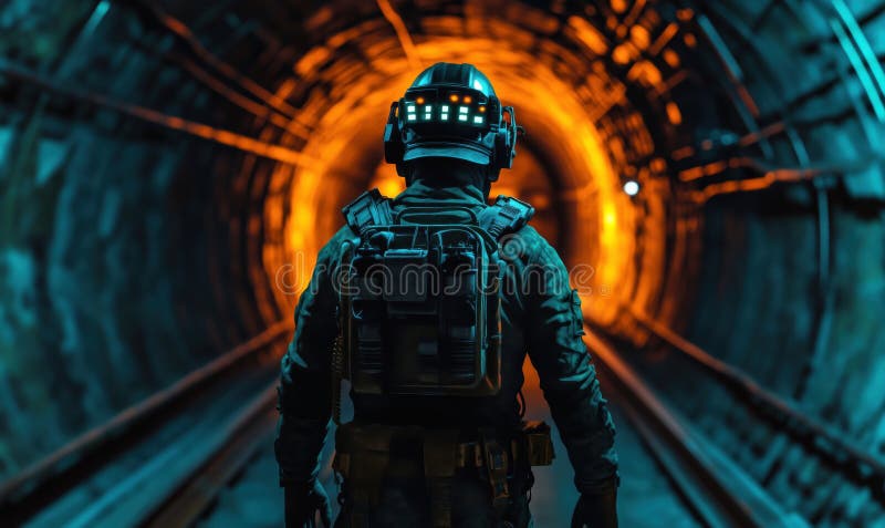 Futuristic Soldier in Tactical Gear Exploring Dark Tunnel with Glowing ...