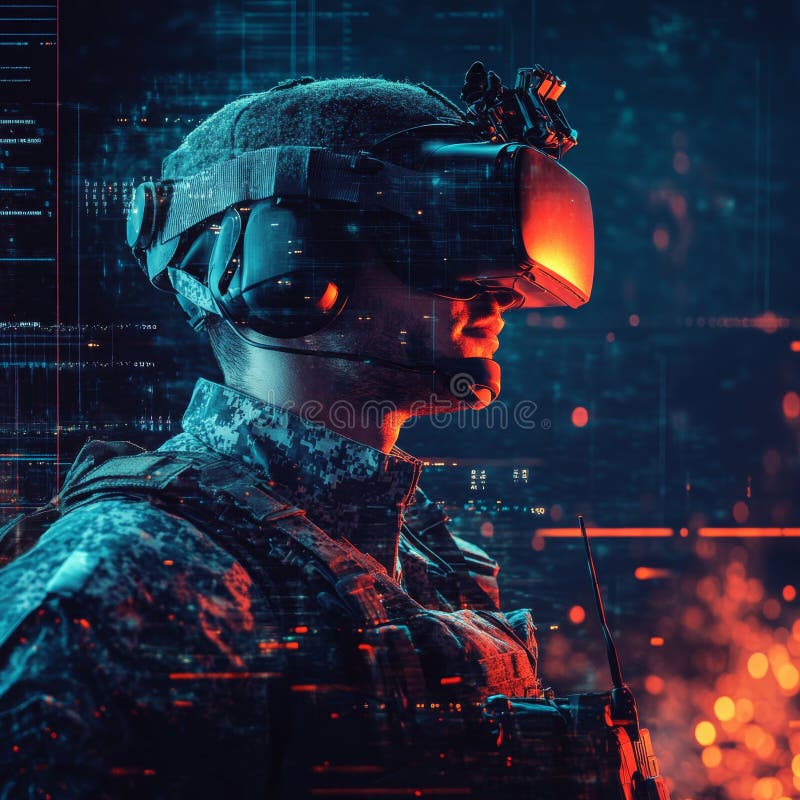 Futuristic Soldier with Vr Goggles Analyzing Data on a High Tech ...