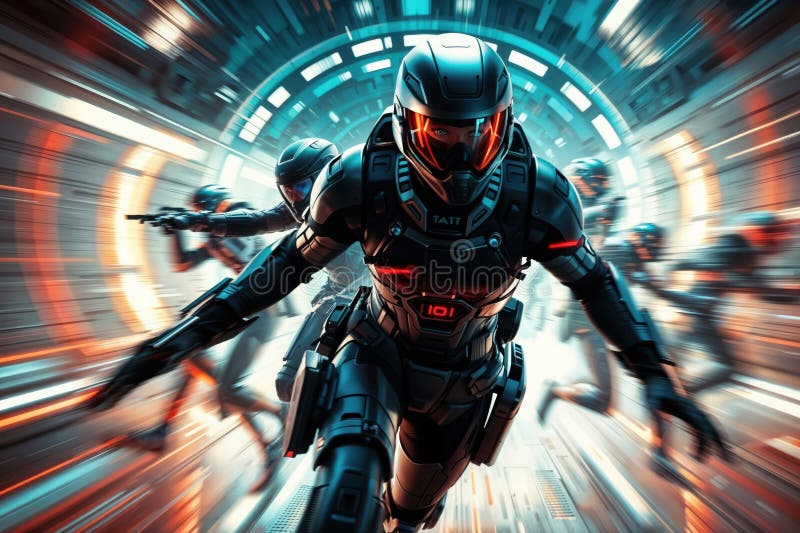 Futuristic Soldiers in Advanced Combat Armor with Illuminated Orange ...