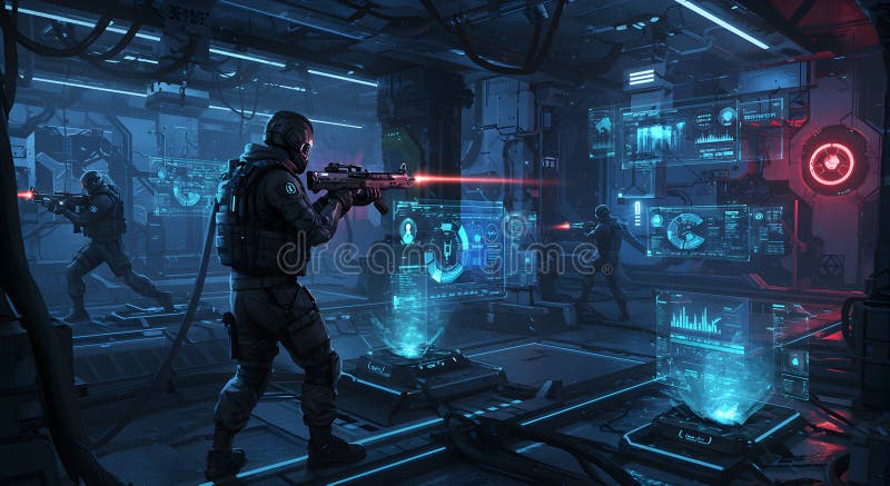 Futuristic Soldiers Engaging in Virtual Combat Training Simulation ...