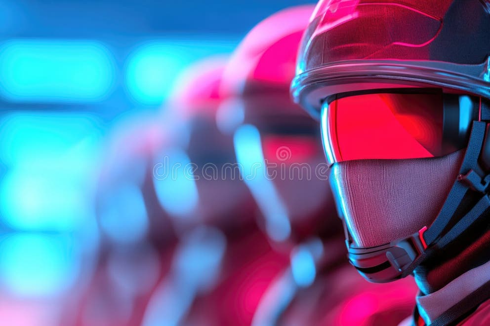 Futuristic Soldiers with Helmets and Visors in Neon Light Stock Photo ...