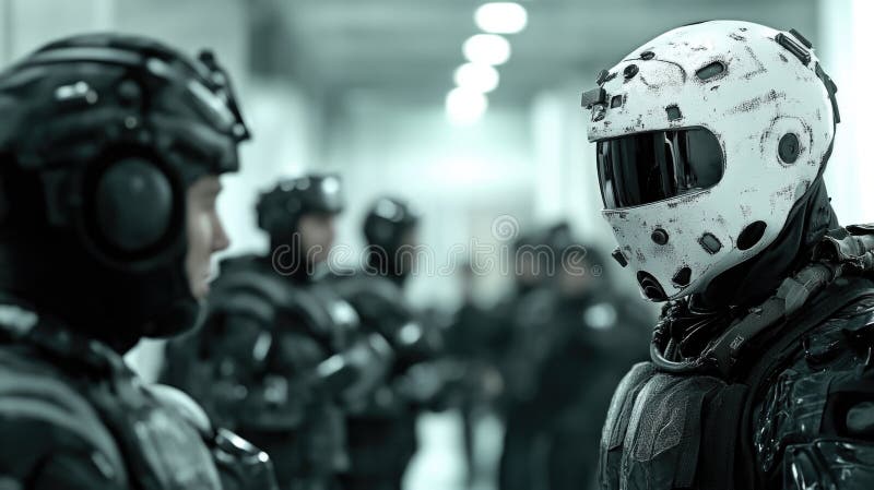 Futuristic Soldiers in Tactical Gear Standing in Secure Facility Stock ...