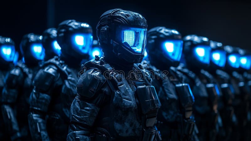 Futuristic Soldiers Wearing High-tech Armor and Helmets with Glowing ...