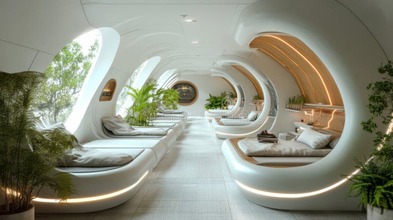 Futuristic Spa Interior Design with White Curved Pods Stock ...