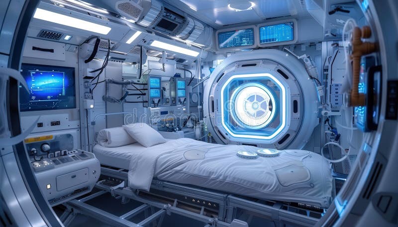 Futuristic Space Capsule Interior Featuring Bed, Control Panels, and ...