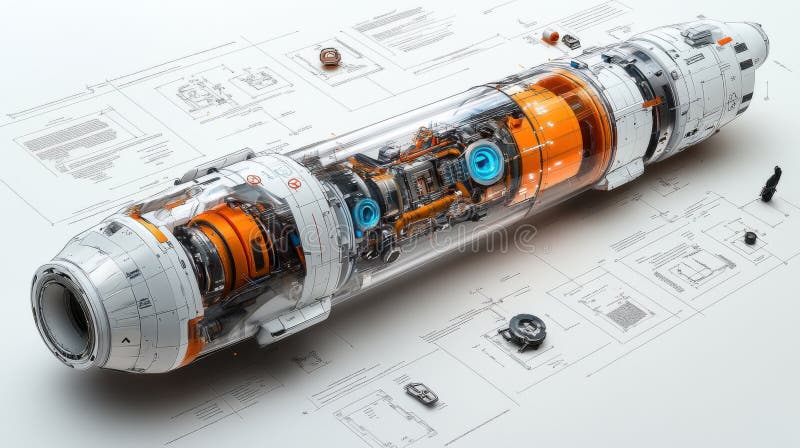 Futuristic Space Capsule with Technical Blueprints and High-Tech ...
