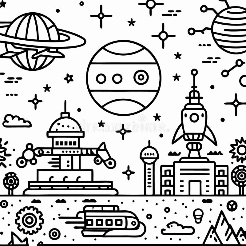Futuristic Space City Line Art Illustration. (1 Stock Vector ...