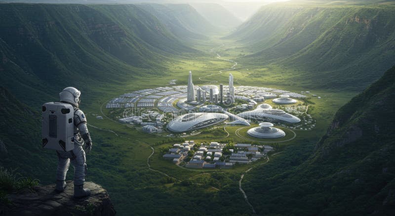 Futuristic Space City in Lush Valley with Astronaut Overlooking ...