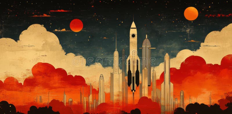 Futuristic Space Cityscape with Rocket Launch, Red Clouds, and Two ...