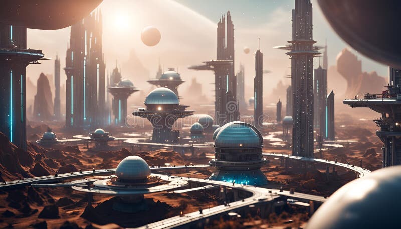 A Futuristic Space Colony on a Distant Planet Stock Photo - Image of ...