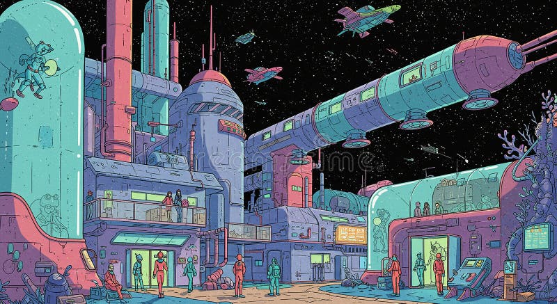 Futuristic Space Colony Illustration Featuring Vibrant Structures with ...