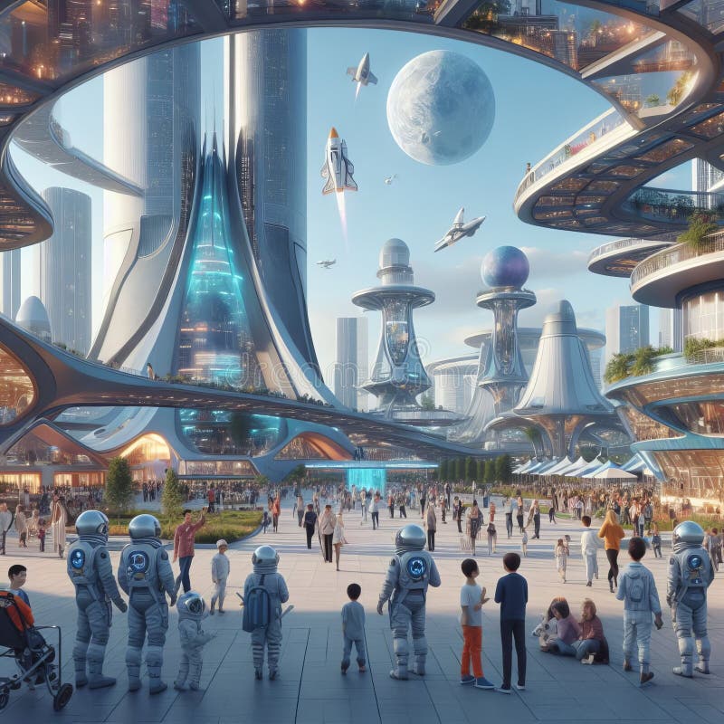 84 116. a Futuristic Space Colony Scene in a City Park, with Fu Stock ...