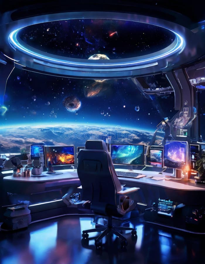 Futuristic Space Command Center with Earth View from Window Stock Image ...
