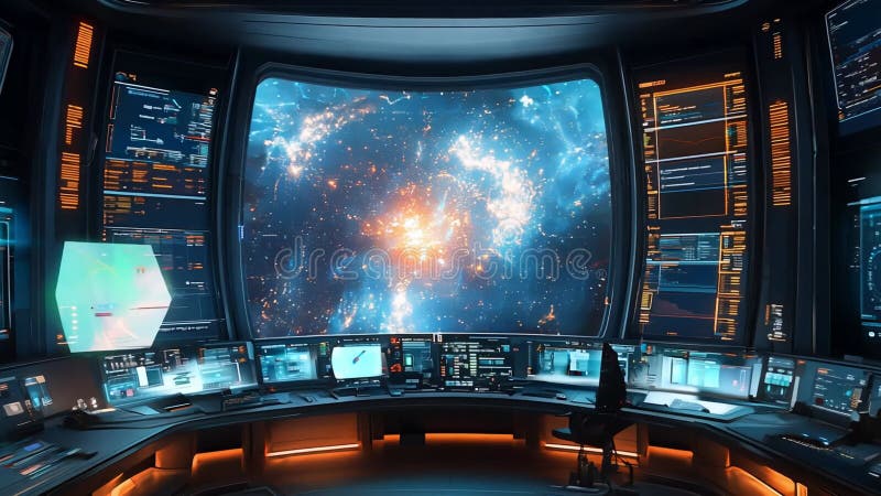 Futuristic Space Command Center Featuring a Breathtaking Galaxy View ...