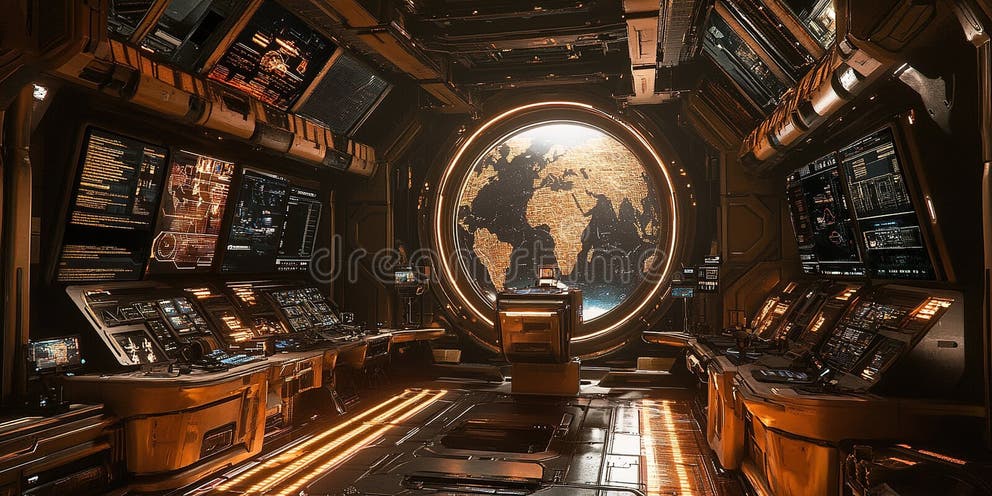 Futuristic Space Command Center with Glowing Screens and Detailed World ...